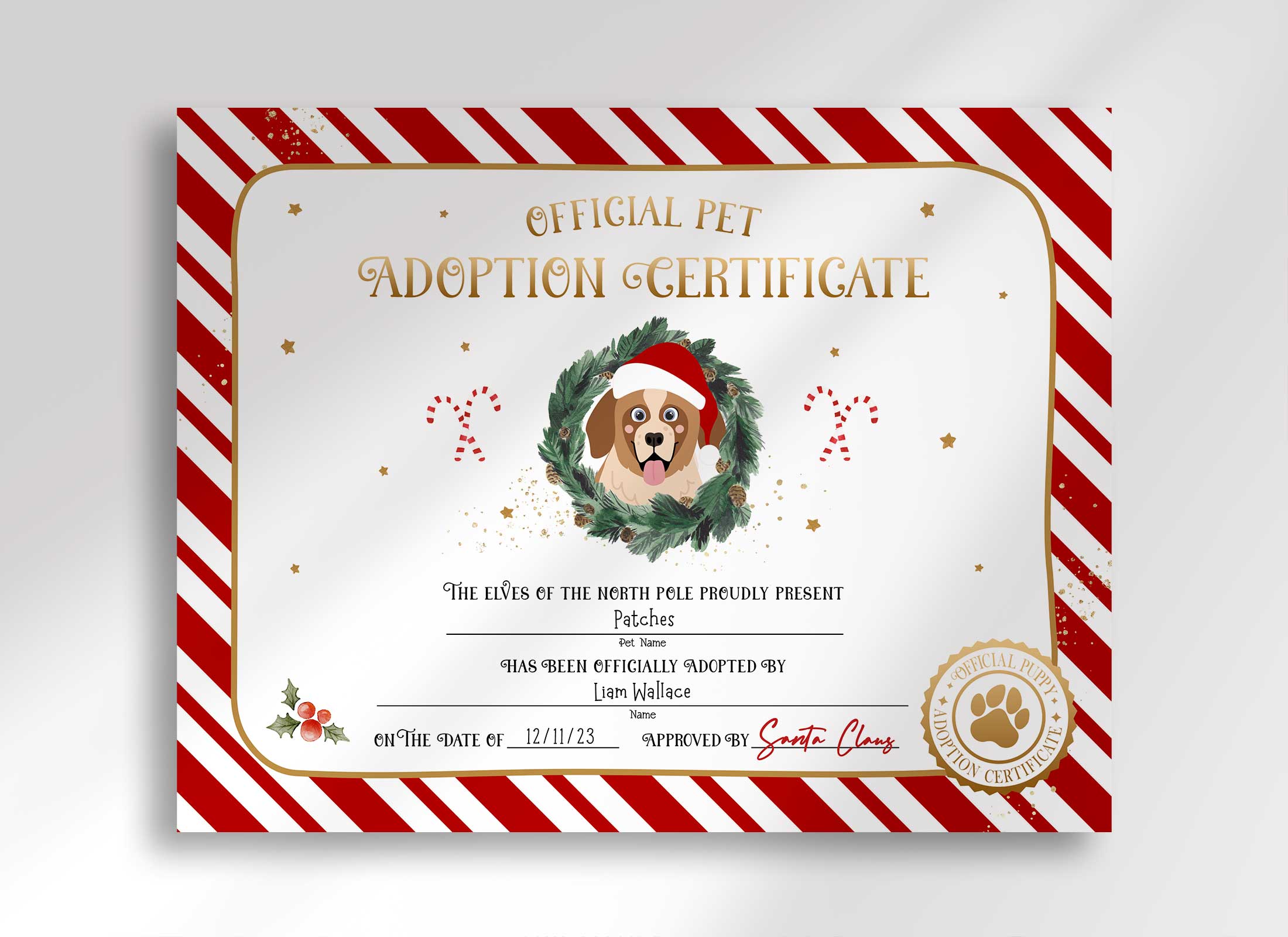 Personalized Christmas Puppy Adoption Certificate – Helia Design Co.