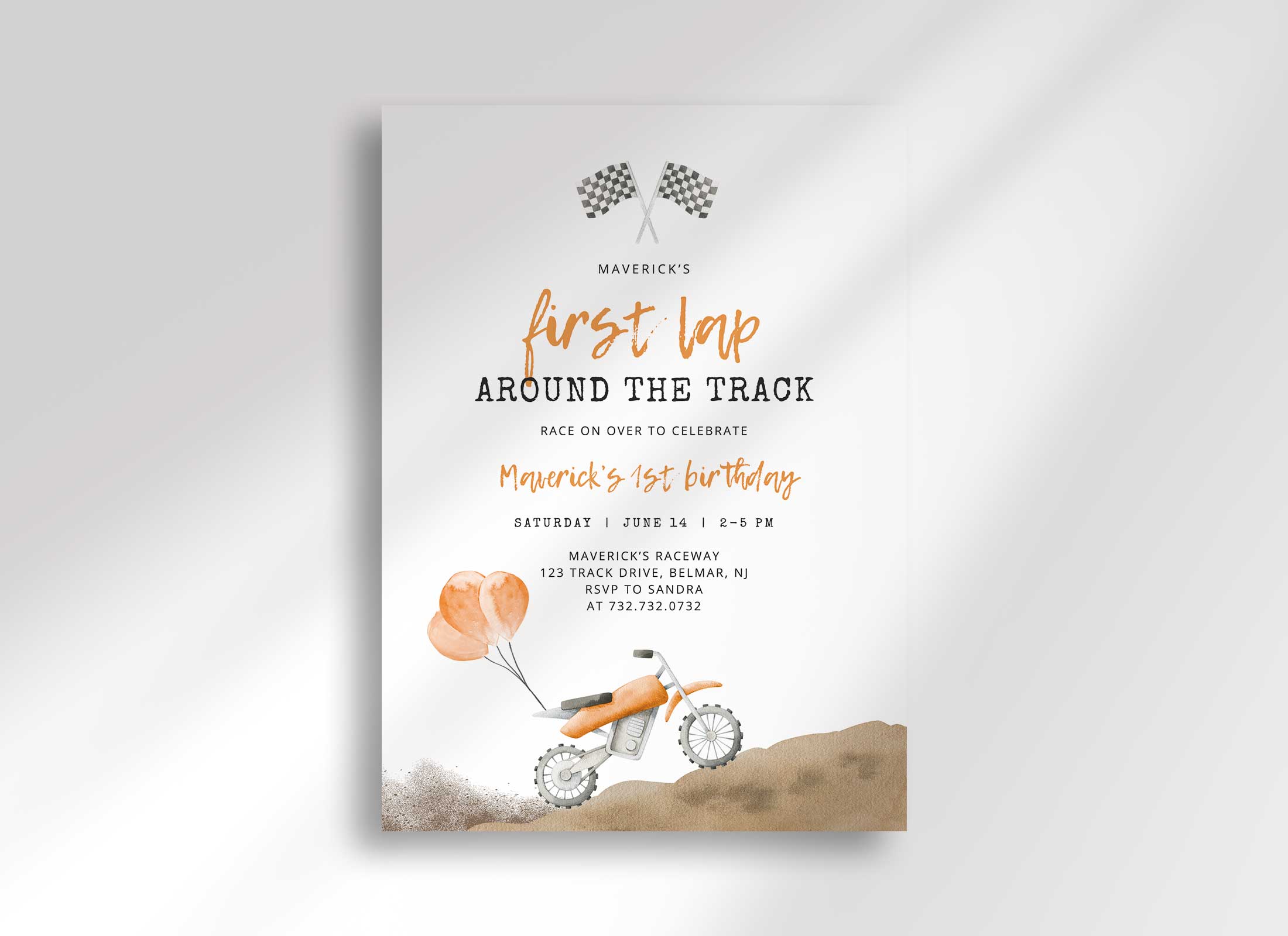 Watercolor Dirt Bike First Lap Birthday Invitation Template Orange ...