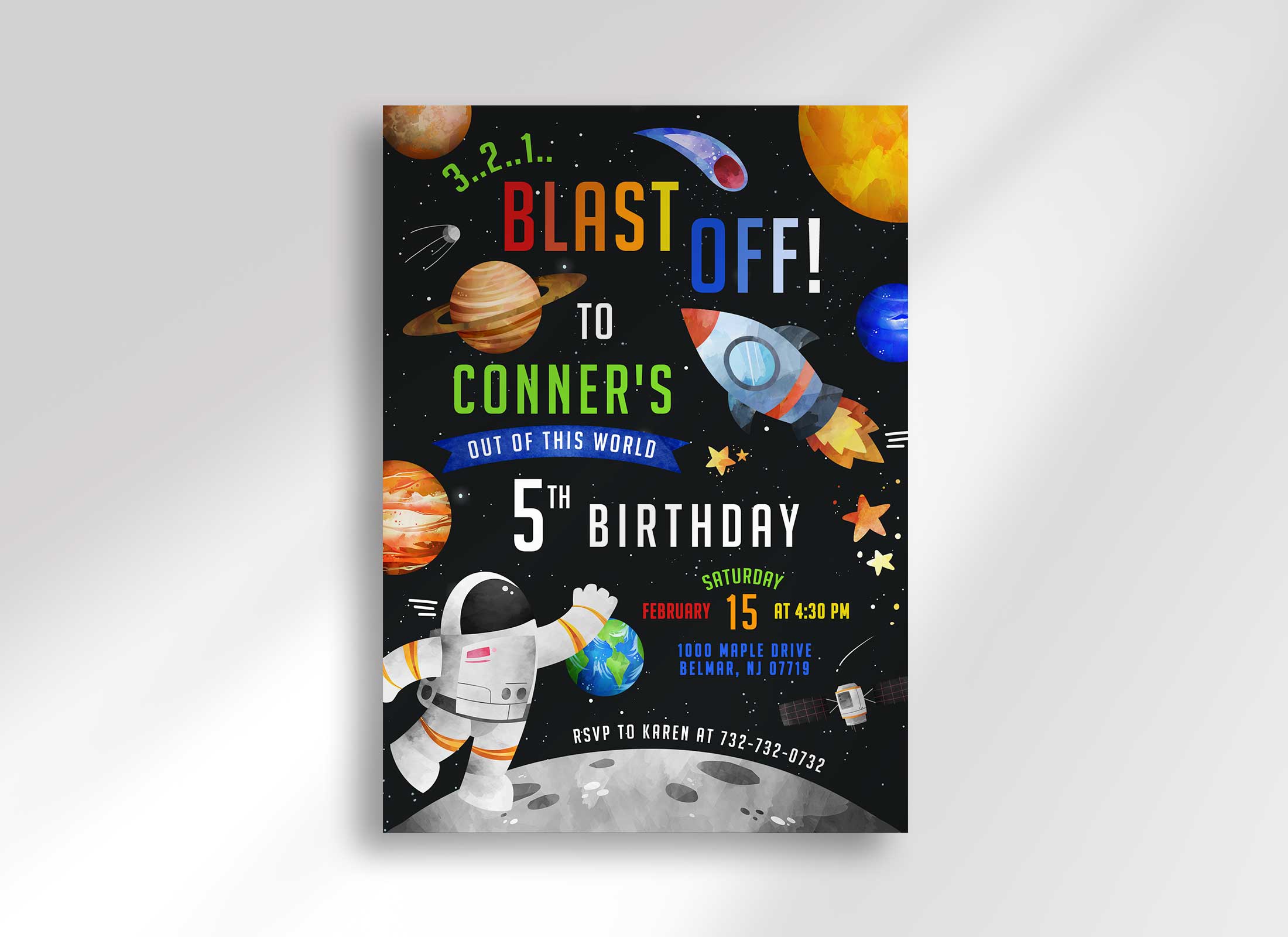 Blast Off Space Birthday Invitation Template – Helia Design Co.