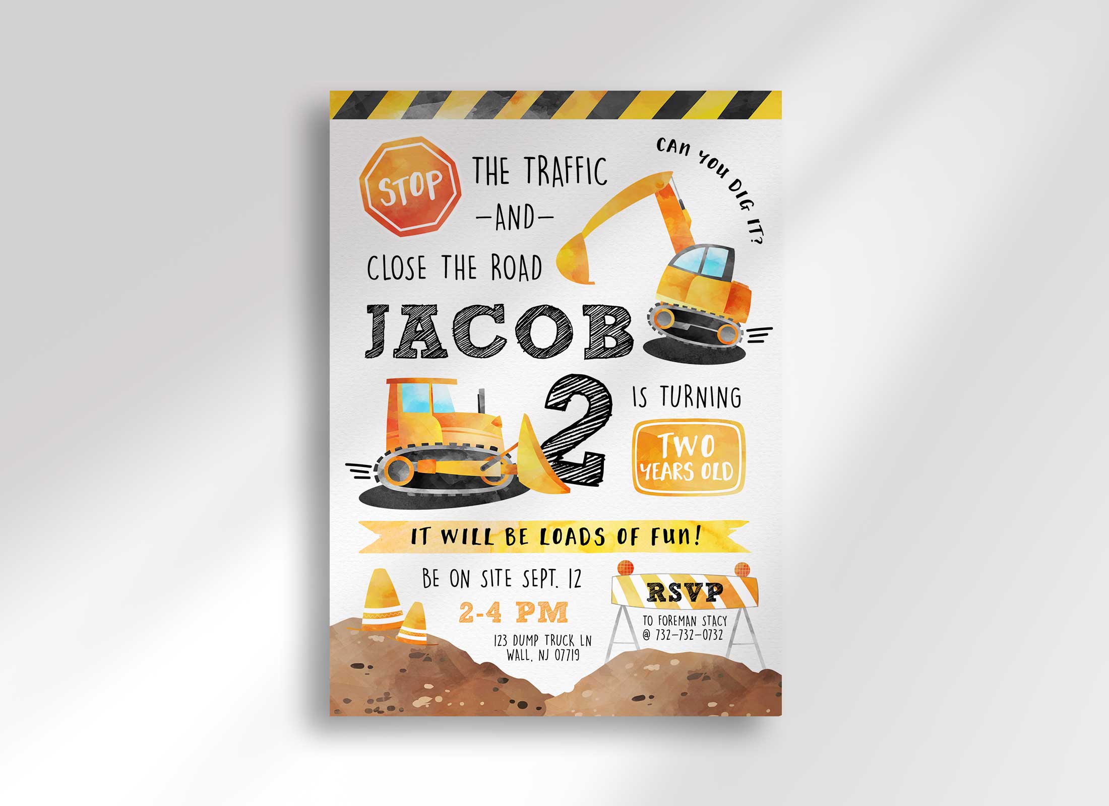 White Construction Truck Birthday Invitation Template – Helia Design Co.