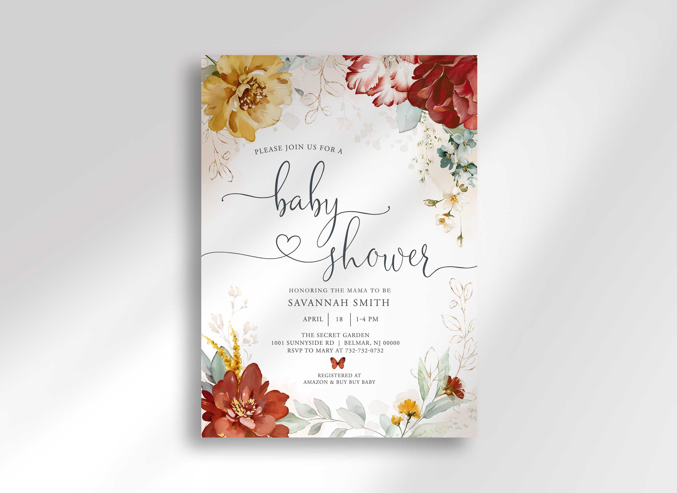 Red Floral Baby Shower Invitation Template – Helia Design Co.
